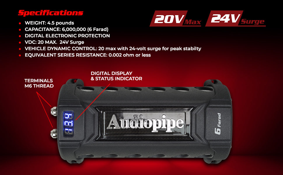 Audiopipe Car Audio Power Capacitor with Digital Display and Electroni